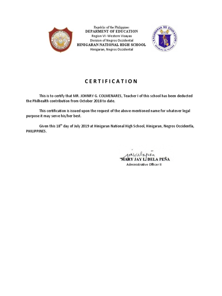 Certification of Philhealth Contribution | PDF