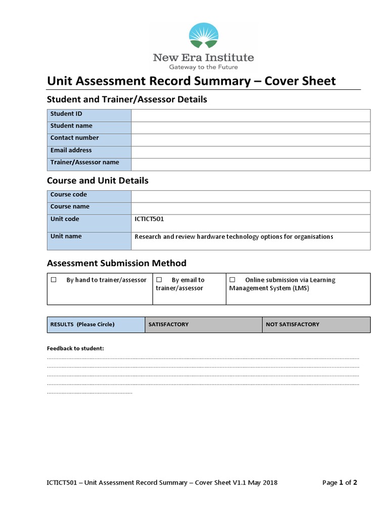 ICTICT501 - Unit Assessment Record Summary - Cover Sheet V1.1 May 2018 ...