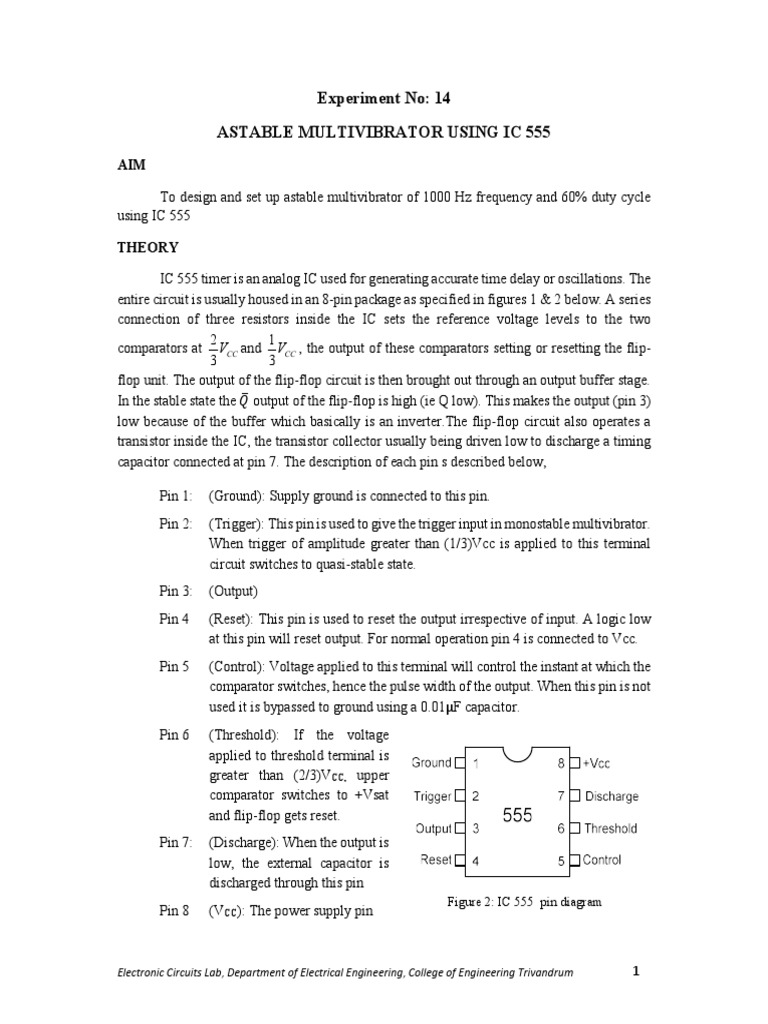 Experiment No: 14 Astable Multivibrator Using Ic 555 | PDF | Analog ...