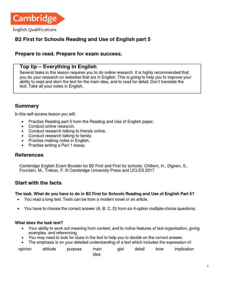b2 First For Schools Preparing For Exam Success - Self Study Reading ...