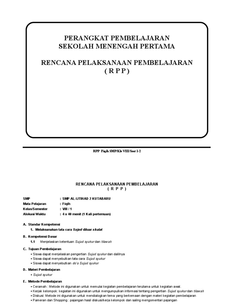 RPP Fiqih Kelas VIII MTs Semester 1, 2 | PDF