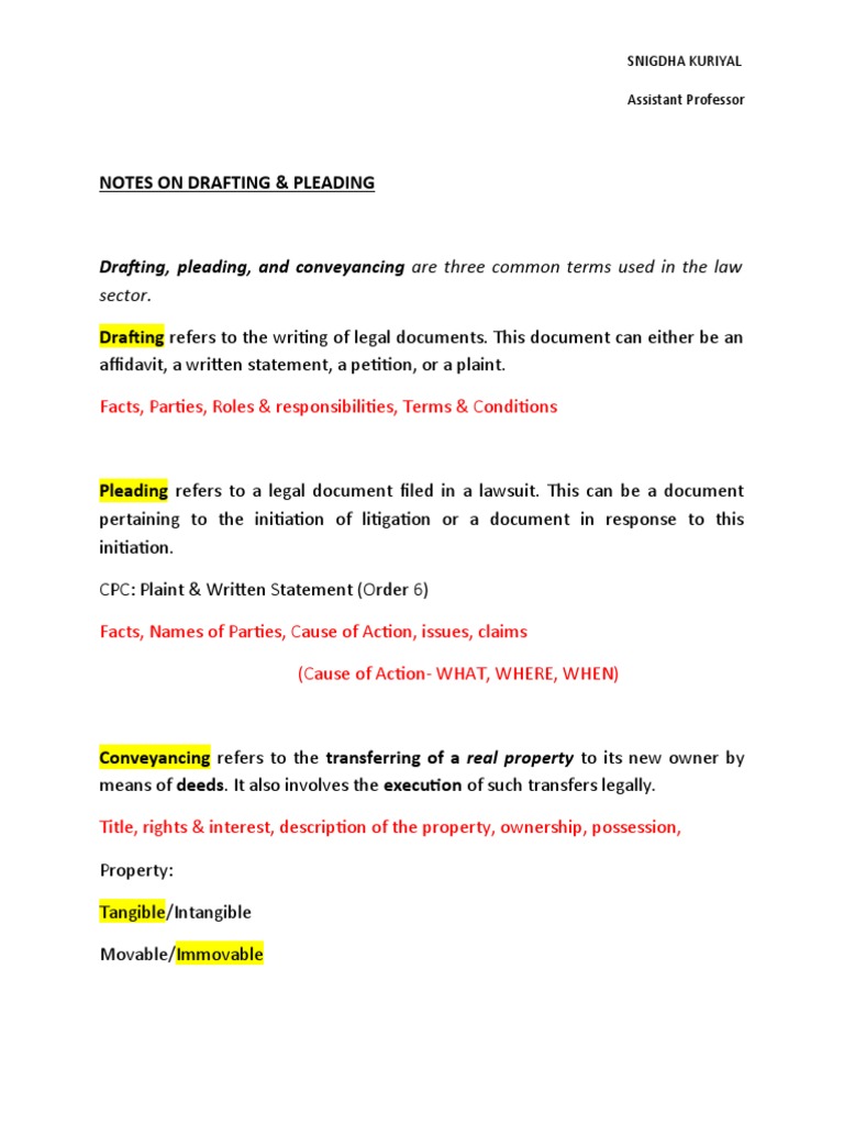 Drafting, Pleading, and Conveyancing Are Three Common Terms Used in The Law | Download Free PDF ...
