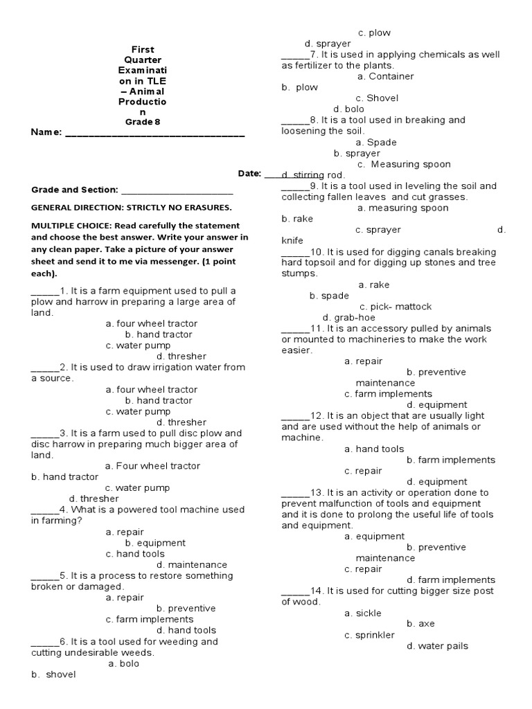 Grade 8 TLE Animal Production Exam | PDF | Agricultural Machinery | Plough