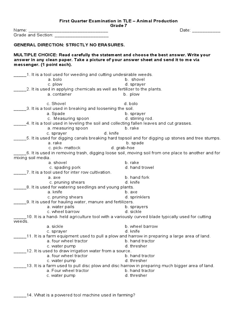 TLE Grade 7 Examination | PDF | Tractor | Plough