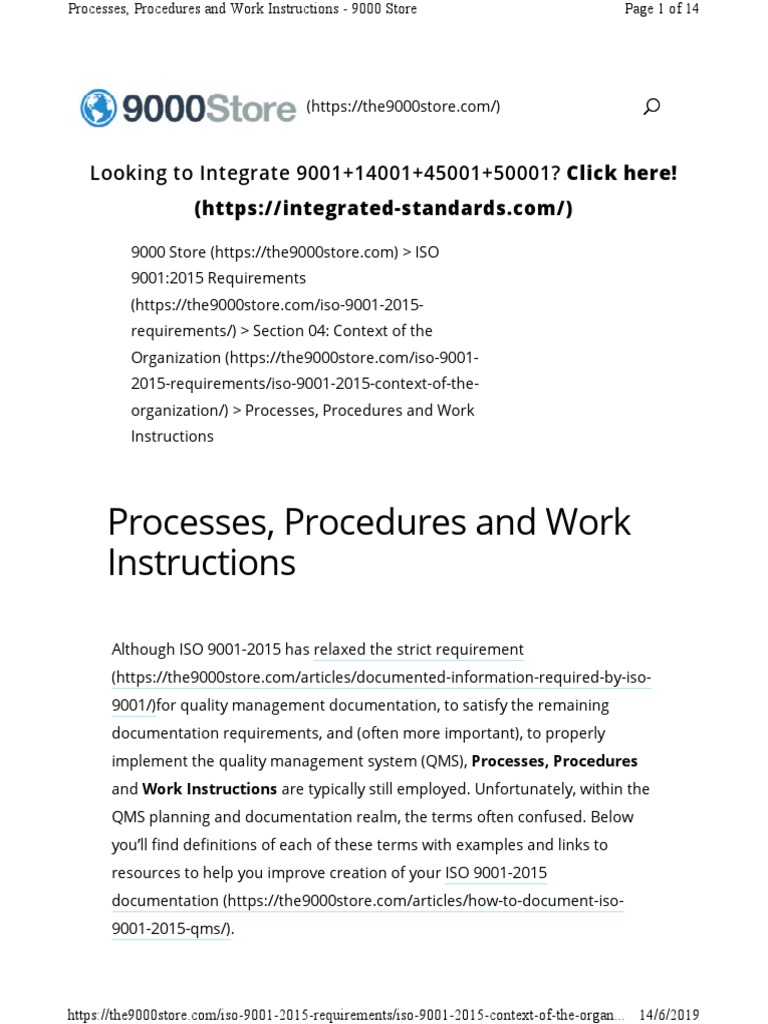 Processes, Procedures and Work Instructions: Looking To Integrate 9001 ...