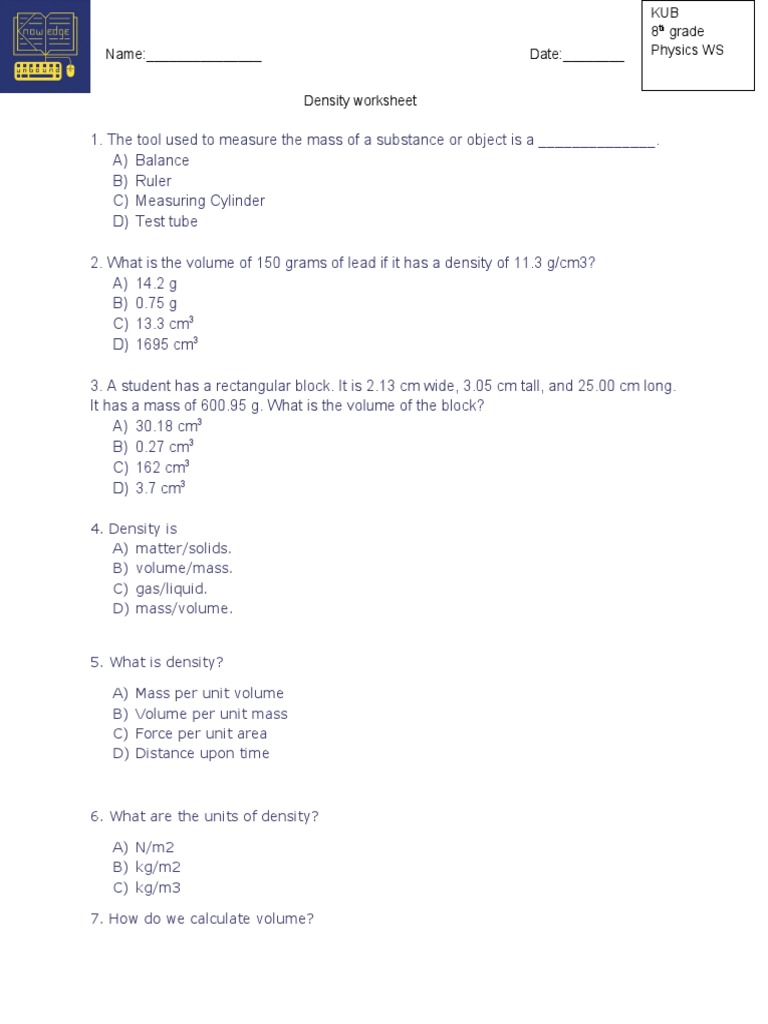 Density Worksheet | PDF