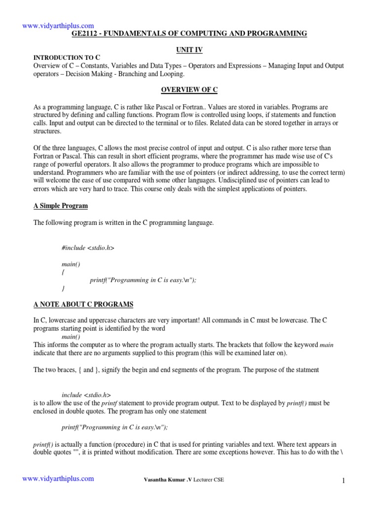 Ge2112 Fundamentals Of Computing And Programming Unit Iv C Pdf C Programming Language