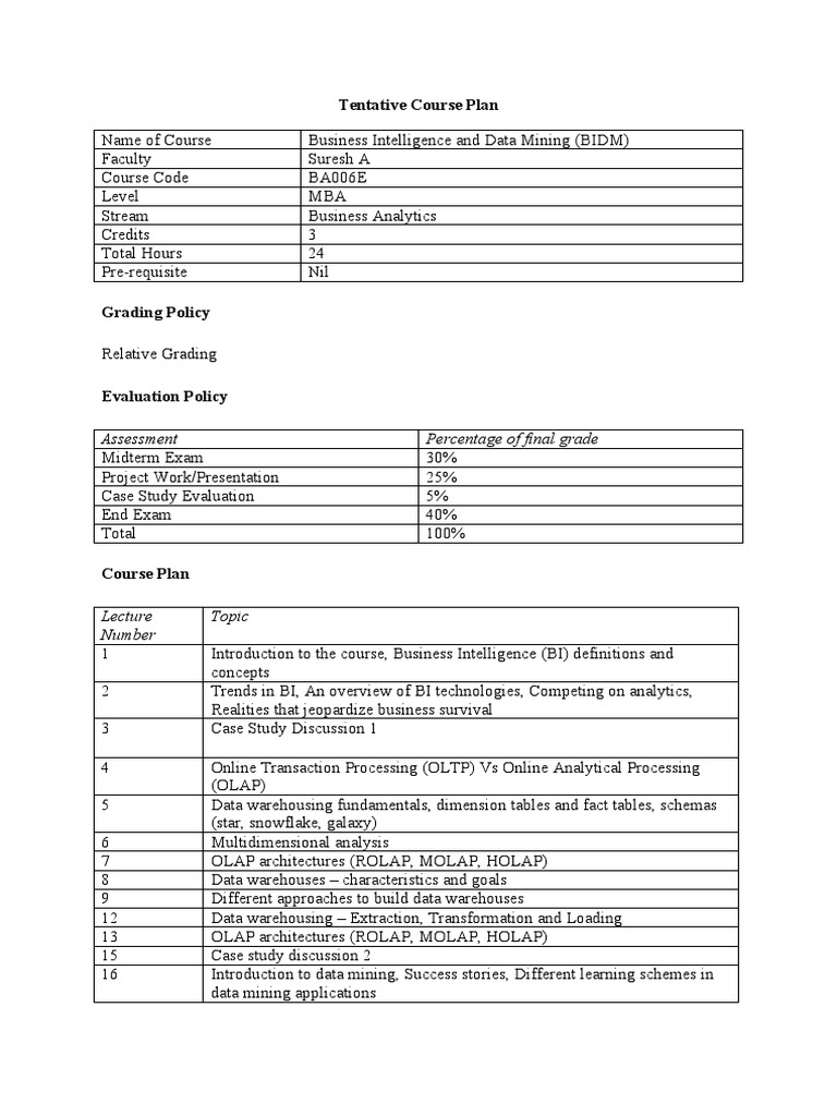 Tentative Course Plan: Assessment Percentage of Final Grade | PDF ...