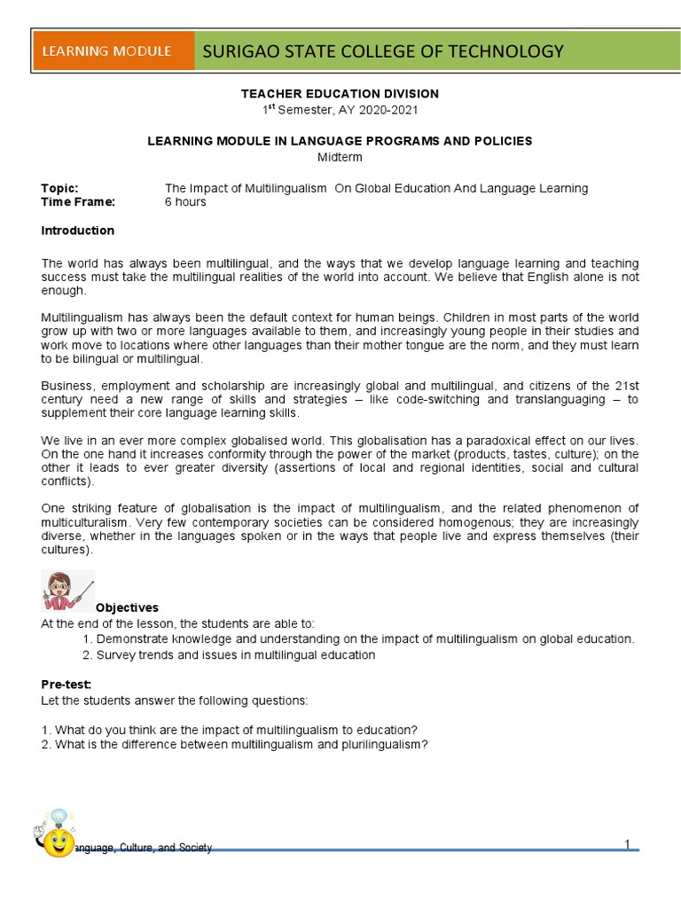Surigao State College of Technology: Learning Module | PDF | Multilingualism | English Language