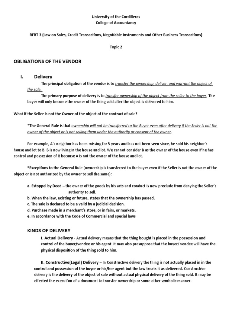 RFBT 3 (OBLIGATIONS of The VENDOR) Topic 2 | PDF | Bill Of Lading | Possession (Law)