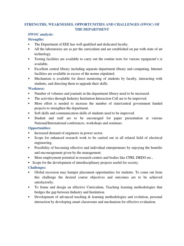 Strengths, Weaknesses, Opportunities and Challenges (Swoc) of The ...