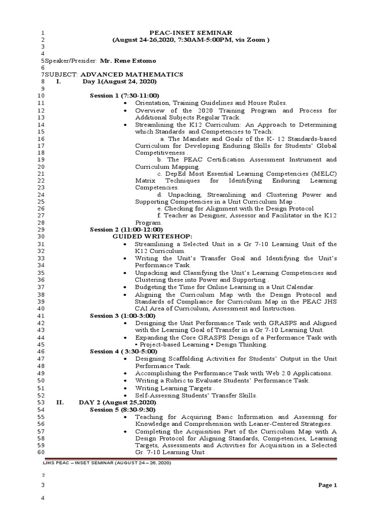 PEAC-INSET Narrative Report | PDF | Curriculum | Educational Psychology