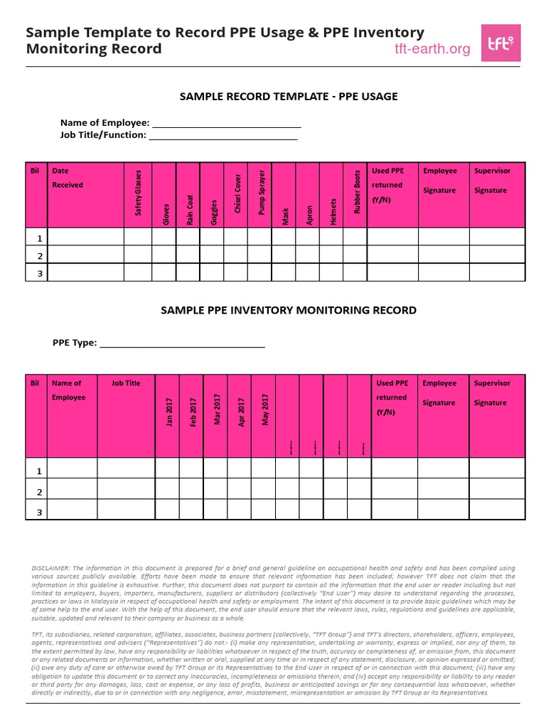 Annex C - Sample Template To Record PPE Usage - PPE Inventory ...
