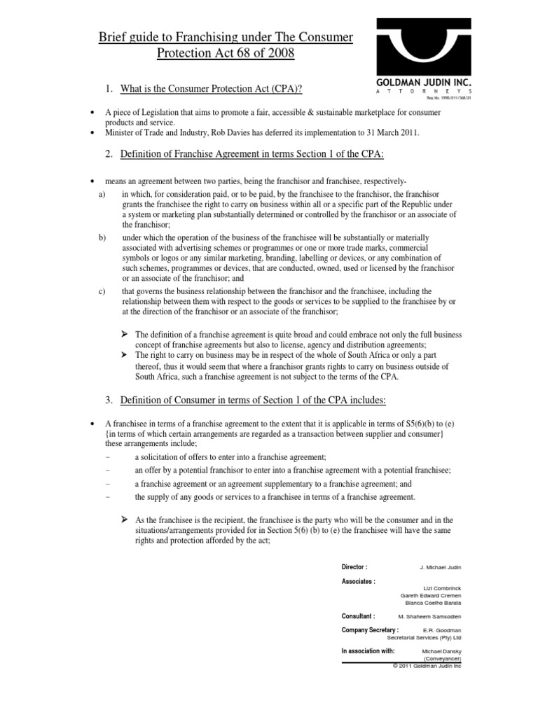 Brief Guide To Franchising Under The Consumer Protection Act 68 of 2008 ...