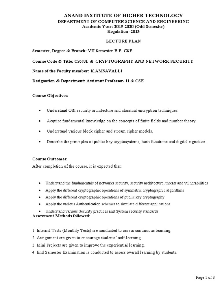 CS6701 CNS-Lesson Plan-Regulation - 2013 | PDF | Cryptography | Public Key Cryptography