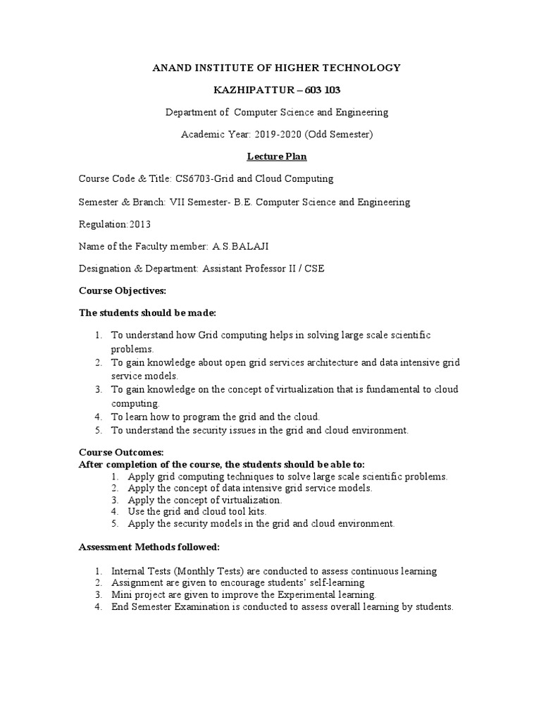 CS6703 Regulation-Lesson plan-CS6703-GRID AND CLOUD COMPUTING - 7th ...