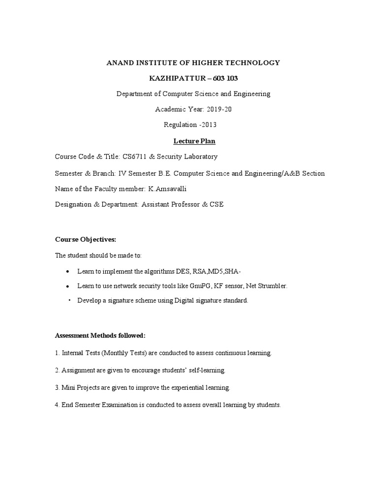 CS6711-Security Lab-Regulation-2013 | PDF | Encryption | Cryptography