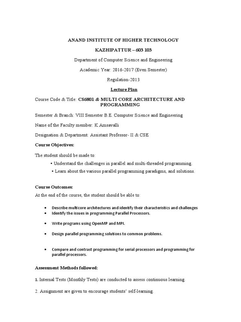 Cs6801 Mcap Lesson Plan Regulation 2013 Pdf Parallel Computing Multi Core Processor 