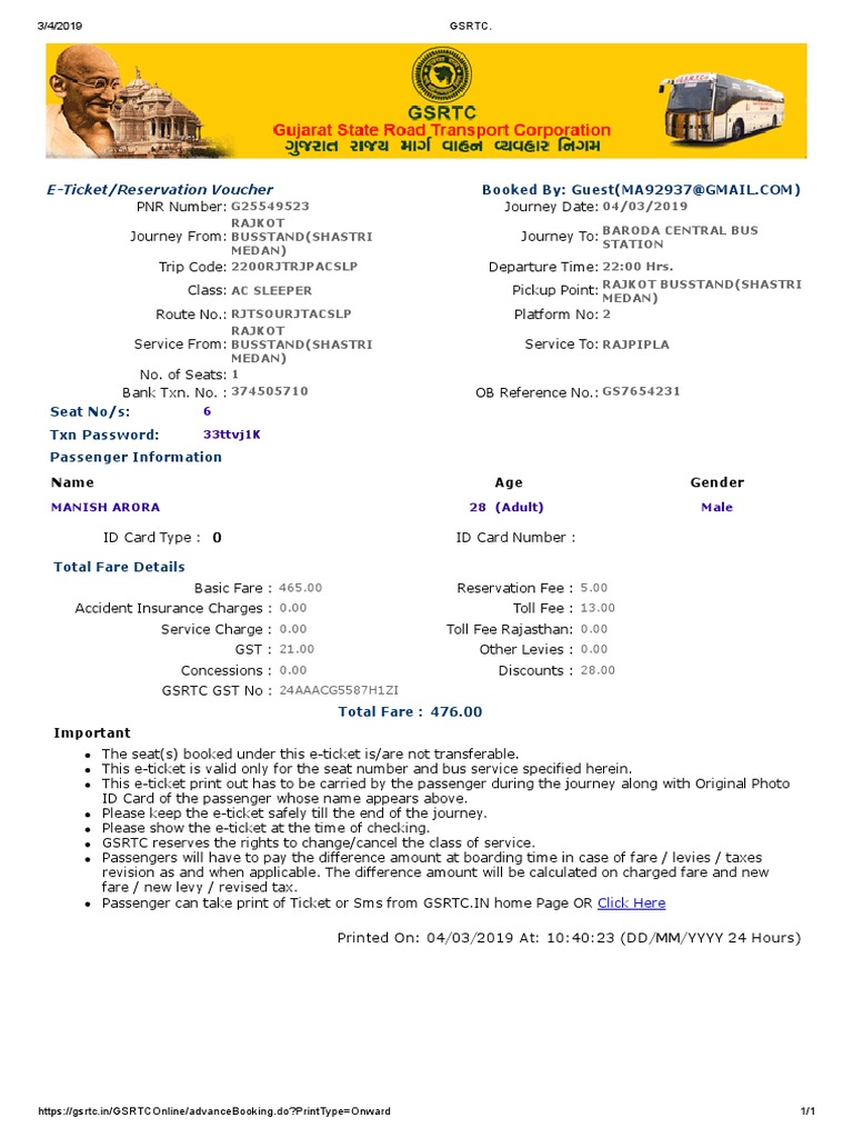 GSRTC - RJT BRC Bus TKT | PDF | Fare | Public Transport