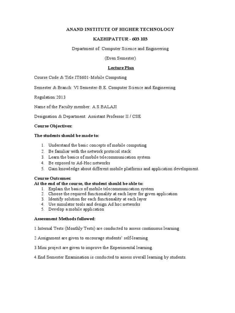 IT6601 2013 Regulation-Lesson plan-IT6601-MOBILE COMPUTING-6th Sem | PDF | General Packet Radio ...