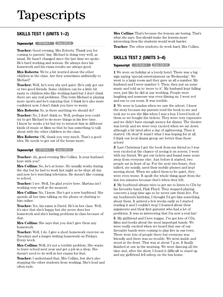 Tapescripts: Skills Test 1 (Units 1-2) | Download Free PDF | Foods