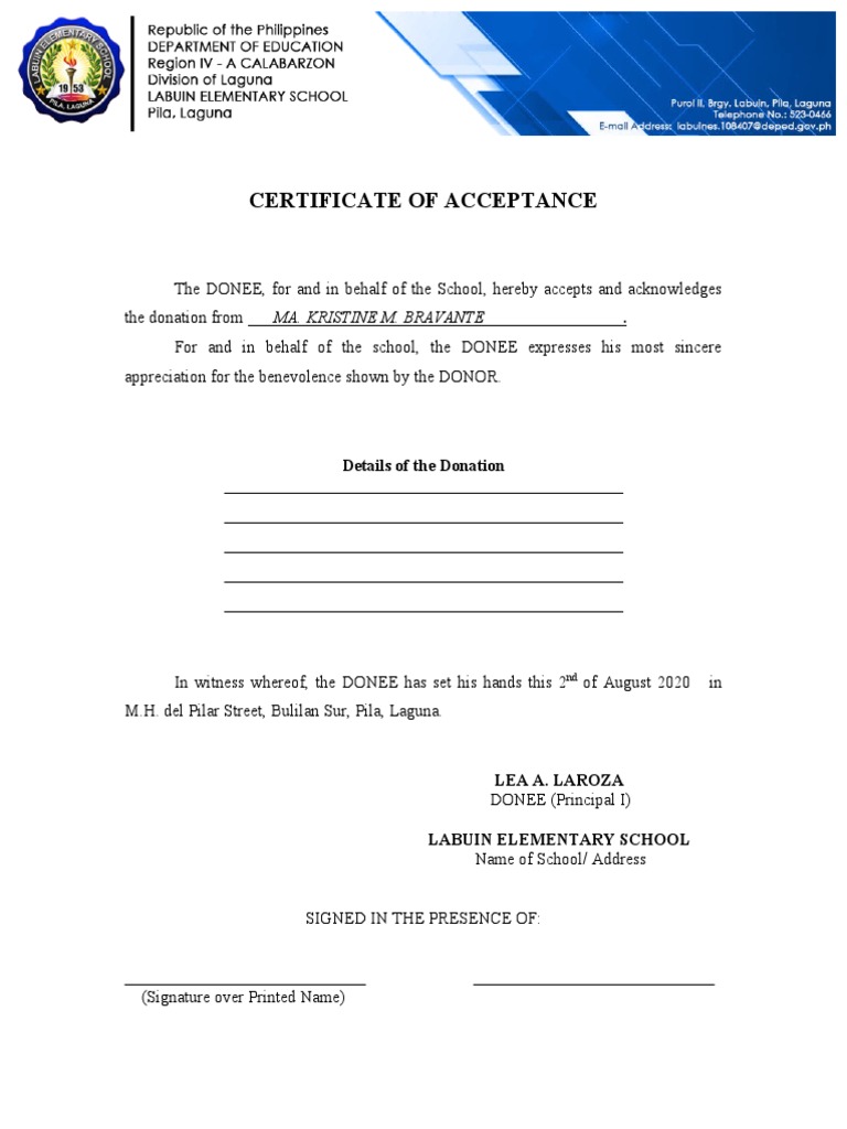 Certificate of Acceptance: Ma. Kristine M. Bravante | PDF