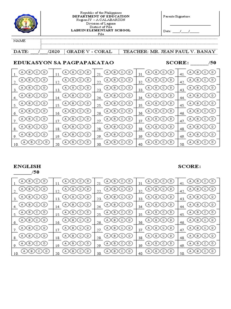 Edukasyon Sa Pagpapakatao SCORE: - /50: DATE: - / - /2020 Grade V ...