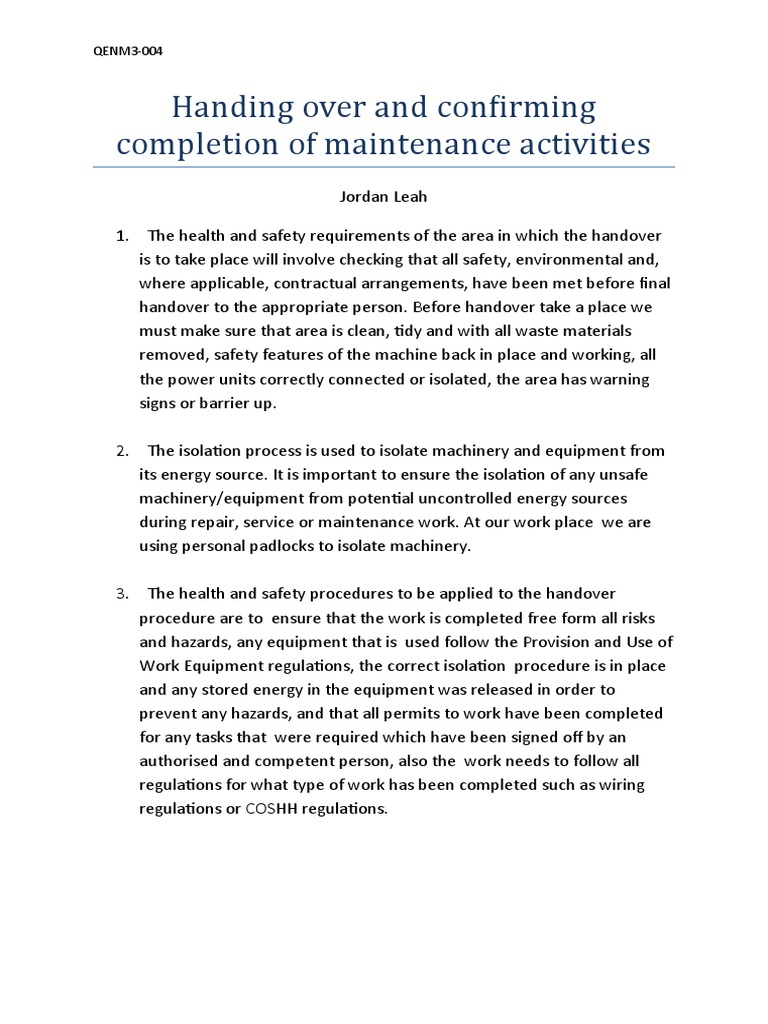 Handing Over and Confirming Completion of Maintenance Activities | PDF ...