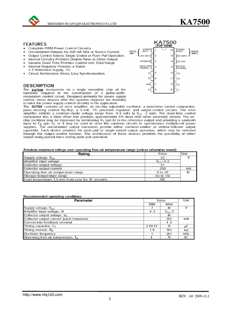 Specification Sheet and Technical Documentation for the KA7500 Step-Down Switching Regulator ...