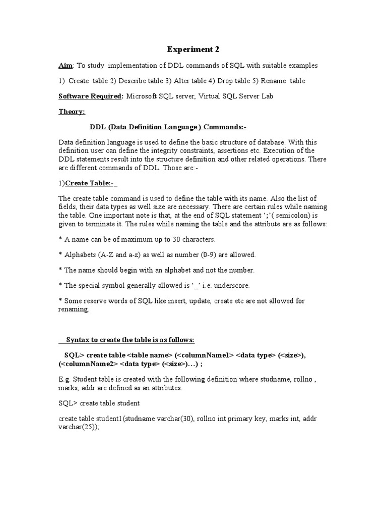 Experiment 2 DDL (Data Definition Language) Commands | PDF | Application Software | Information ...