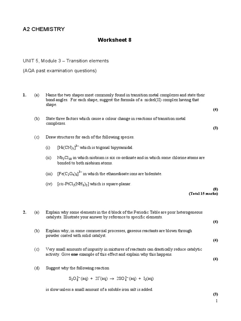 A2 CHEMISTRY: Transition Elements Worksheet | PDF | Catalysis ...
