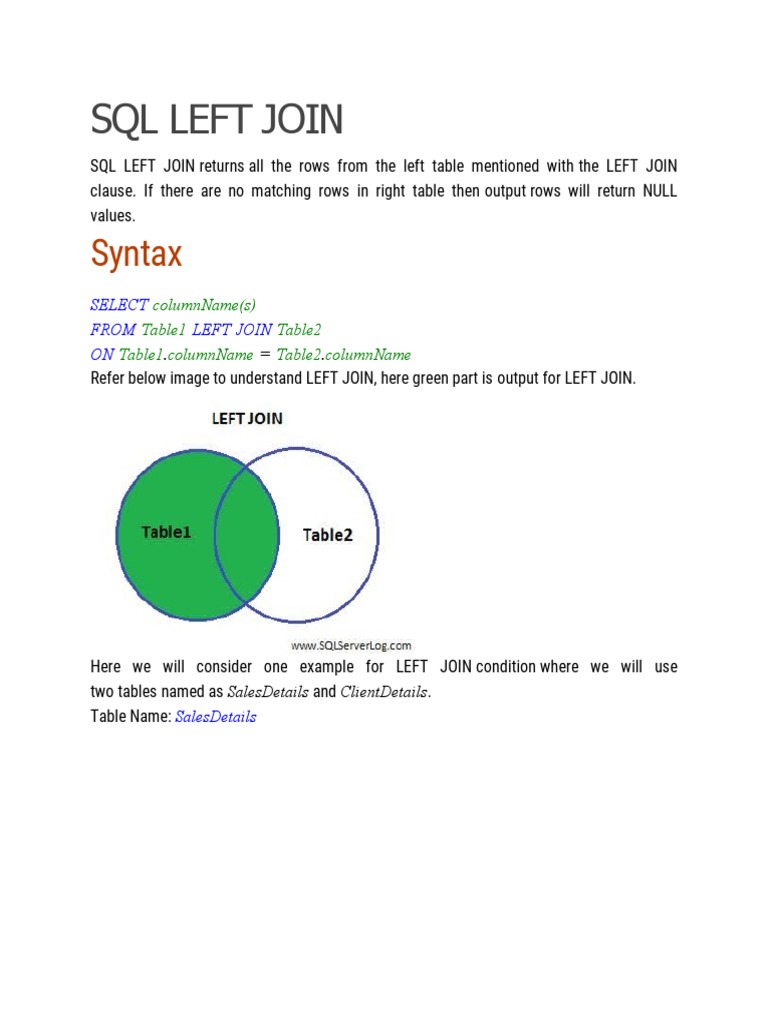 SQL Left Join | PDF