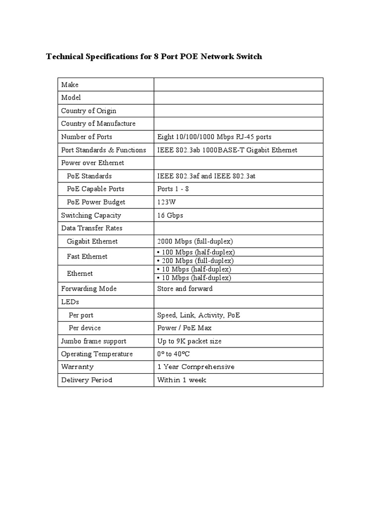 Technical Specifications For 8 Port Poe Network Switch: Poe Capable ...