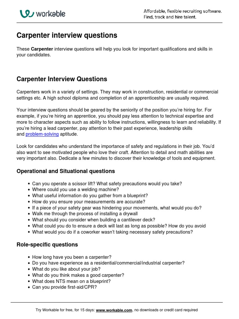 Carpenter Interview Questions | PDF | Carpentry | Apprenticeship