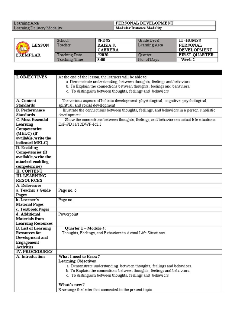 Lesson-Exemplar - Shs Per Devt - Lesson 4 | PDF | Feeling | Thought