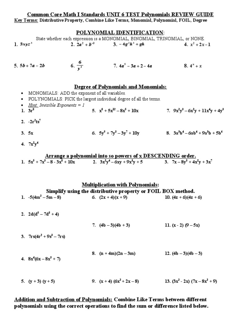 Unit 6 Test Polynomials Review Guide | PDF | Polynomial | Numerical ...