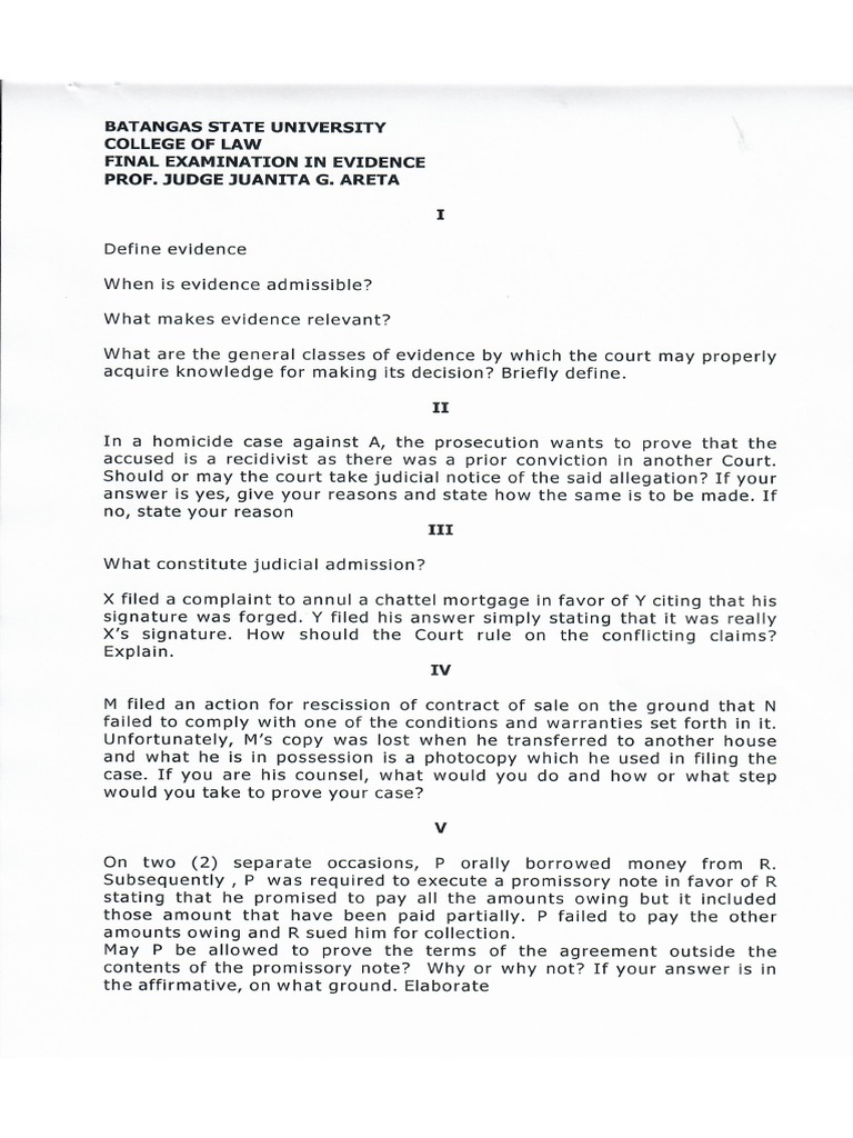 BSU Final Exam in Evidence | PDF