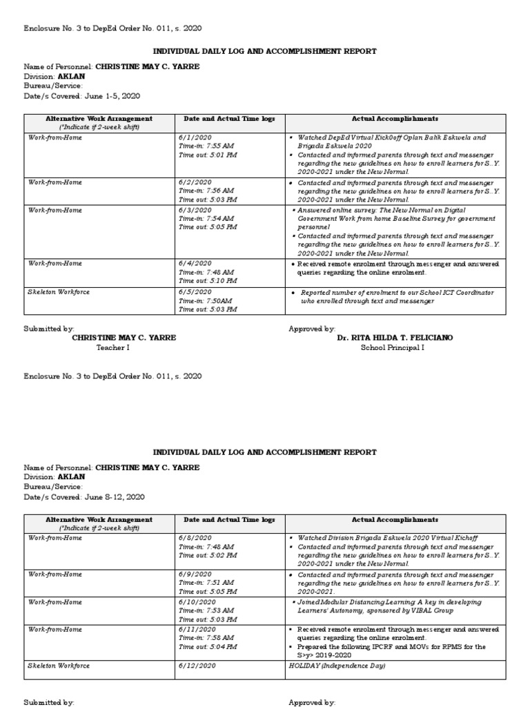 Individual Daily Log and Accomplishment Report | PDF | Telecommuting ...
