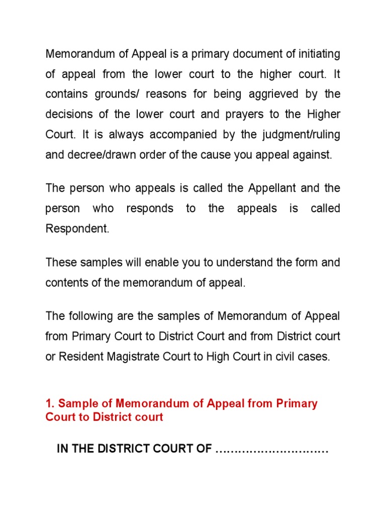 Sample of Memorandum of Appeal From Primary Court To District Court ...