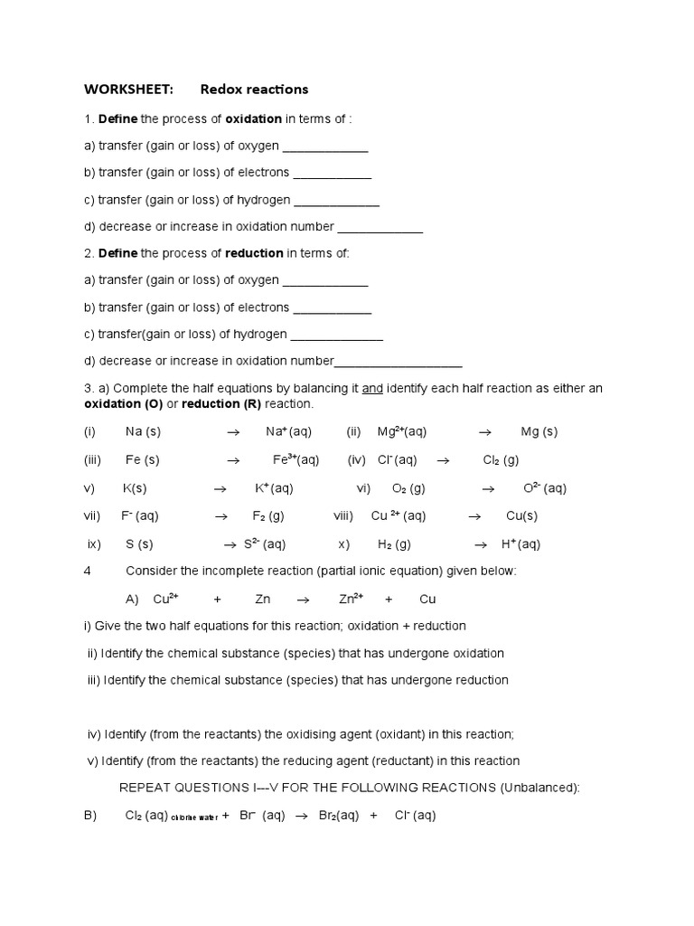 WORKSHEET: Redox Reactions: Oxidation (O) or Reduction (R) Reaction ...