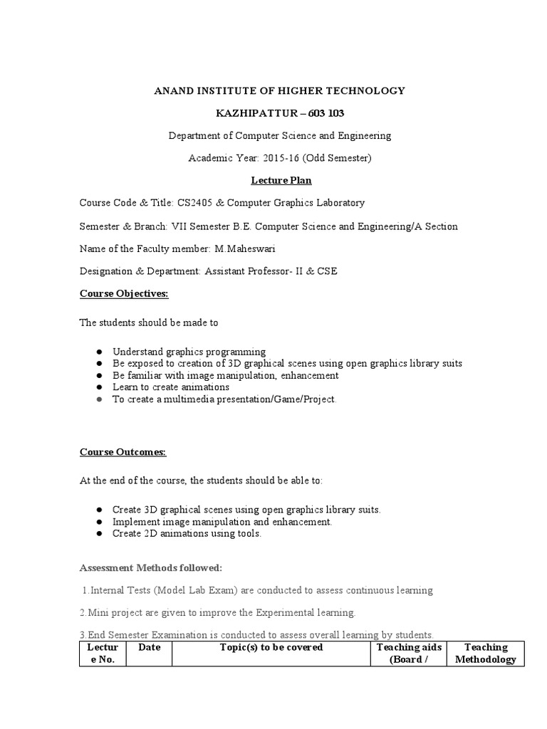 CS2405 CG LAB 2008R Lesson Plan - A Section Odd Sem 15-16 | PDF | 3 D Computer Graphics ...