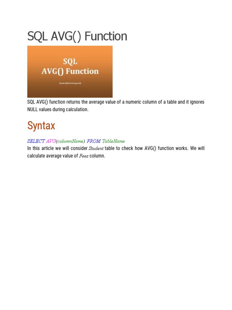 SQL AVG Function: Syntax | PDF