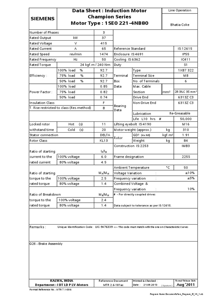 37kW, 4P, IMB3, Brake Motor Datasheet | PDF | Electric Motor | Components