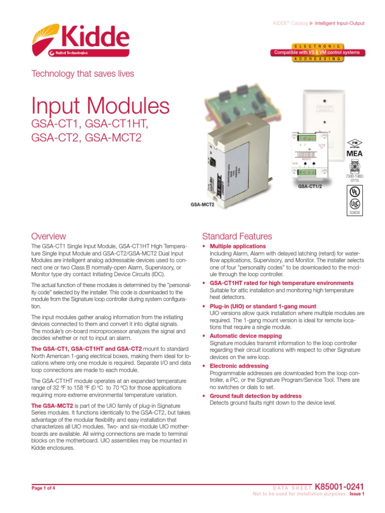 Modulo de Una o Dos Entradas KIDDE GSA-CT1-CT2 K85001-0241 - Input Modules PDF | PDF ...
