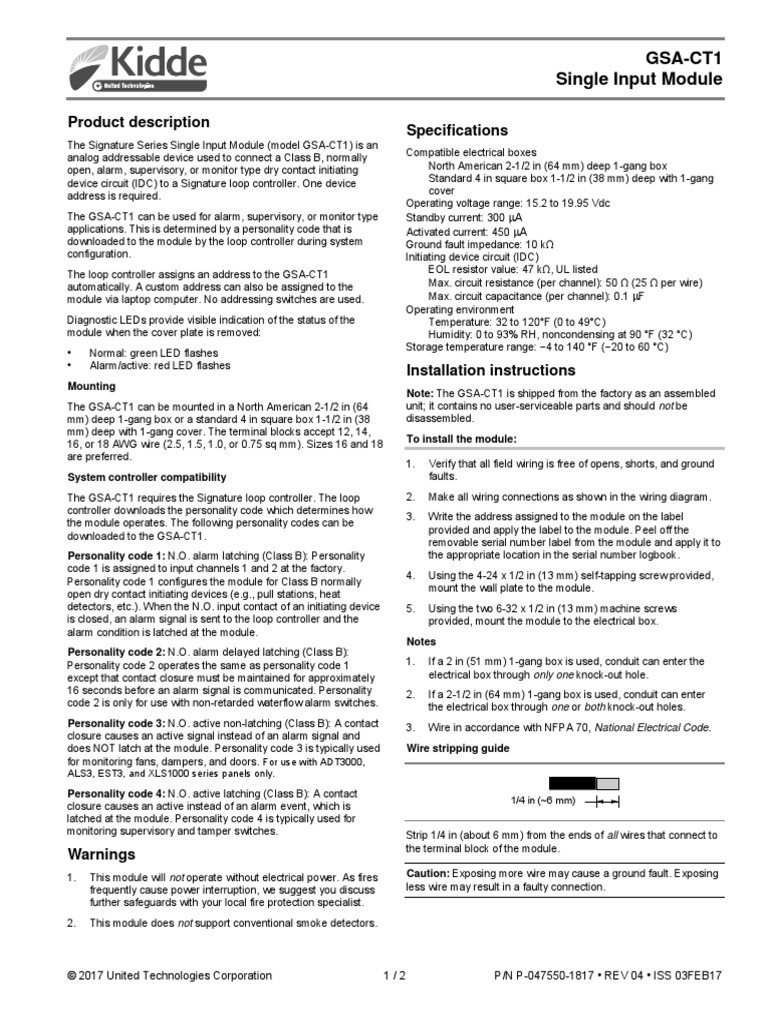 Manual Del Modulo de Una Entrada KIDDE GSA-CT1 PDF | PDF | Electrical ...