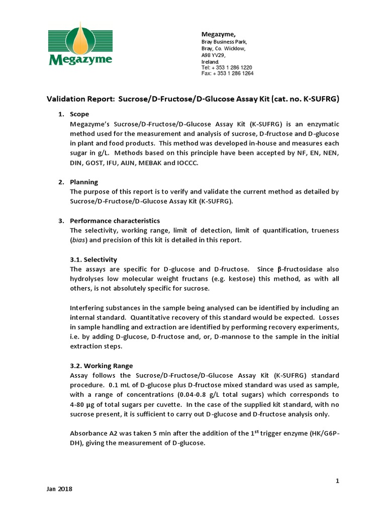 Validation Report: Sucrose/D-Fructose/D-Glucose Assay Kit (Cat. No. K ...