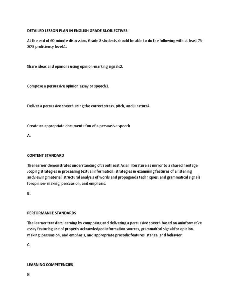 Grade 8 Persuasive Speech Lesson Plan | PDF | Career & Growth ...