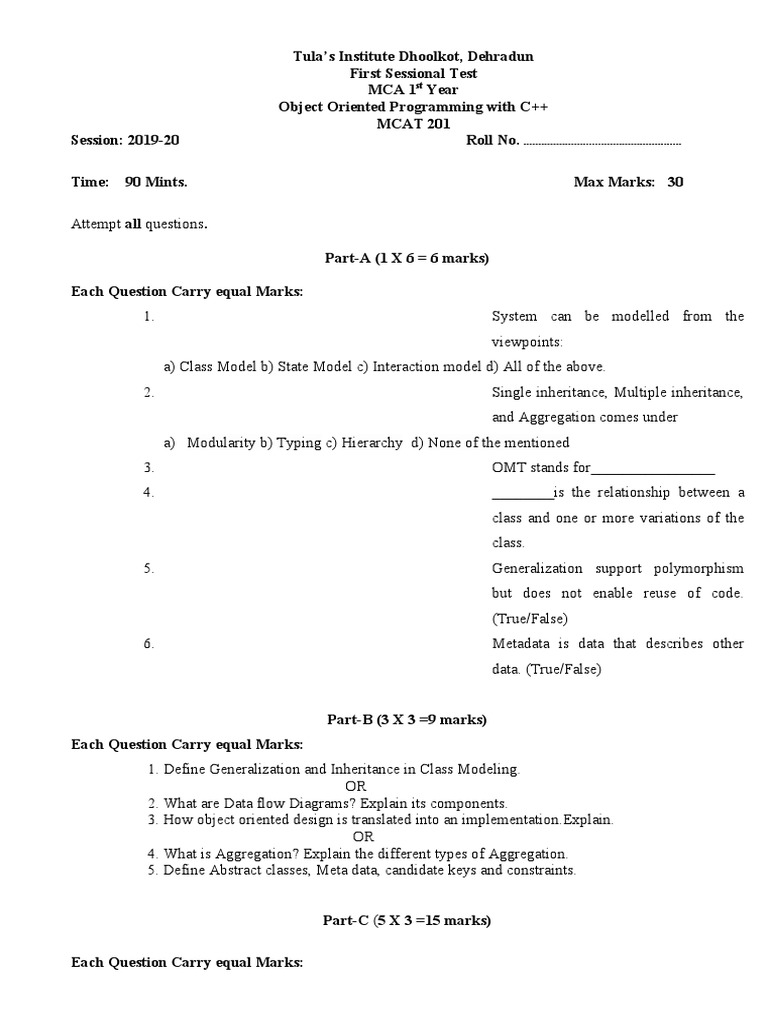 OOPs Sessional 1 Set 1 | PDF | Object (Computer Science) | Object Oriented Programming