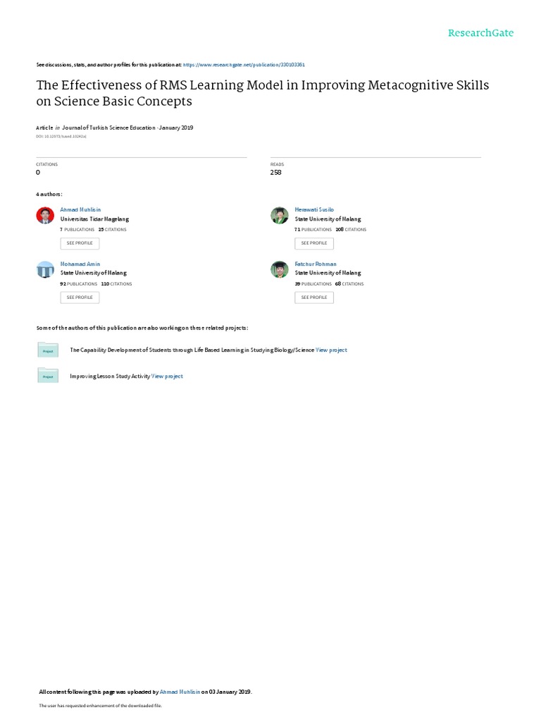 The Effectiveness of RMS Learning Model in Improving Metacognitive Skills On Science Basic ...