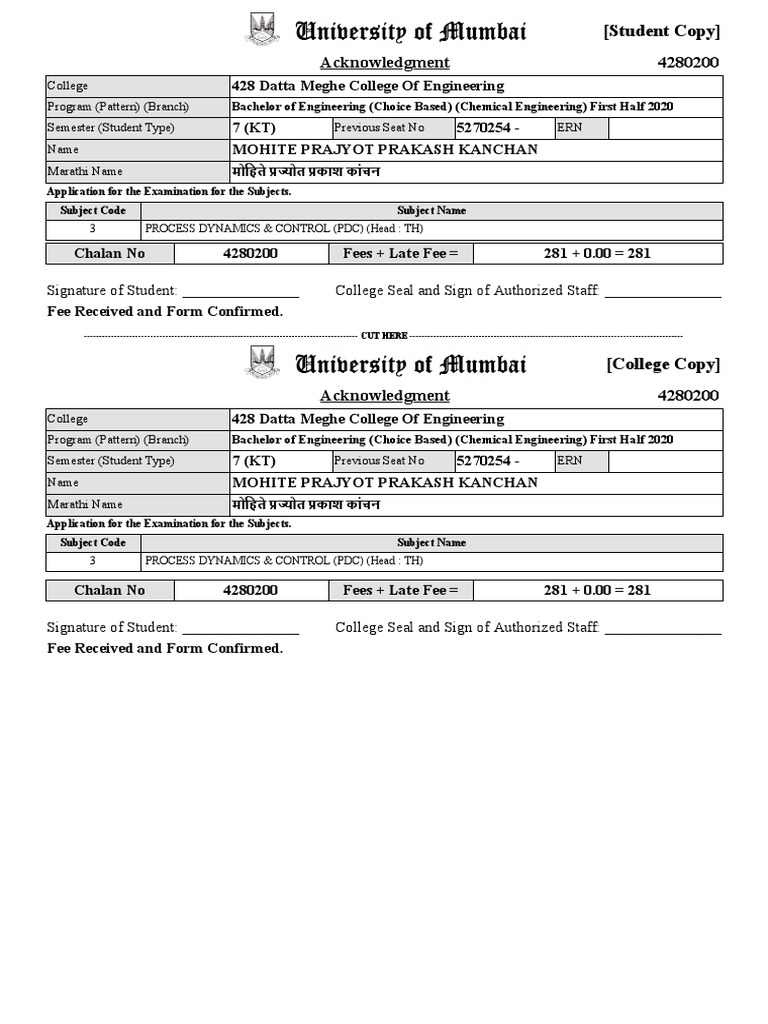 Acknowledgment 4280200: Signature of Student: - College Seal and Sign ...